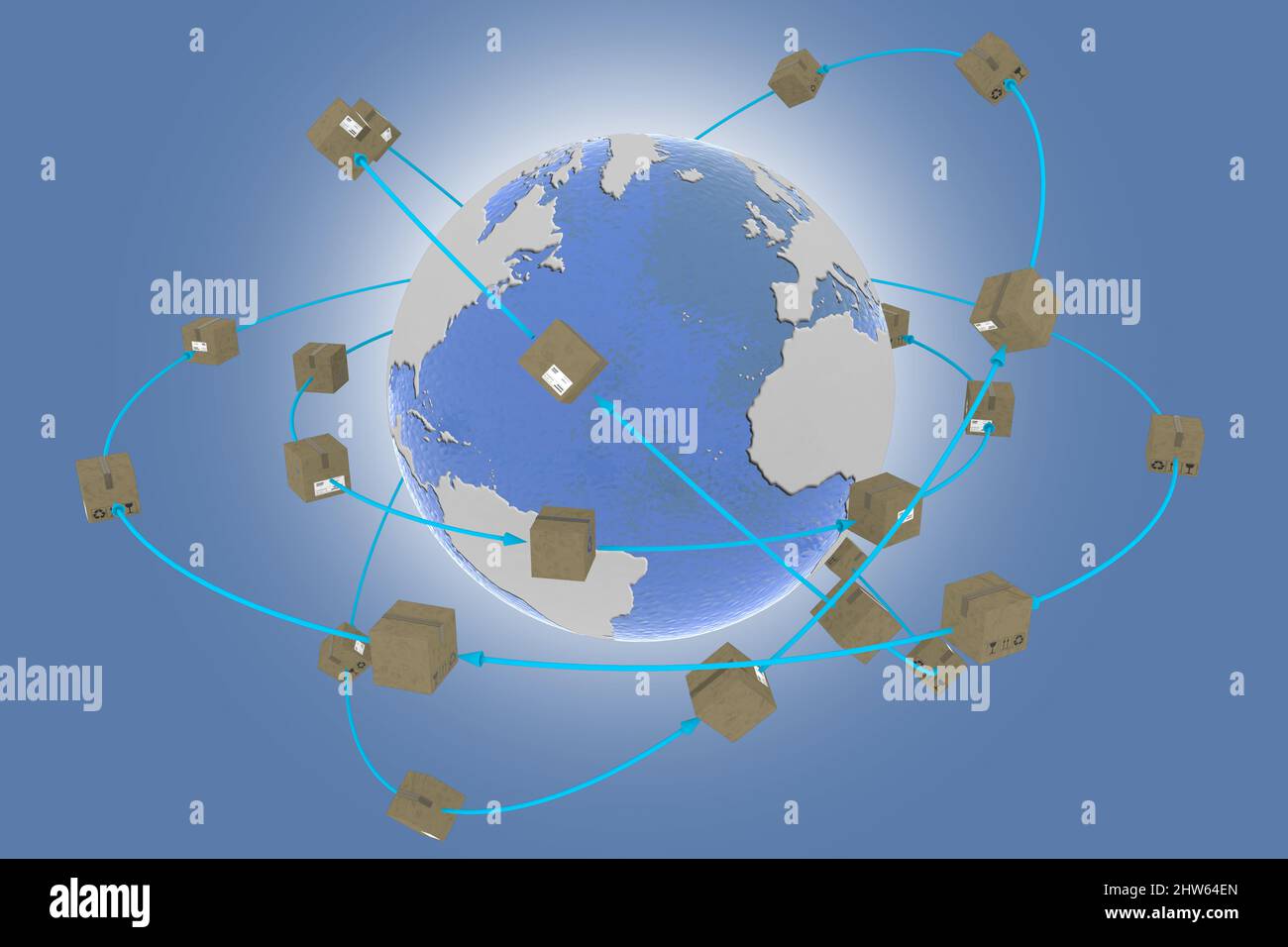 3D illustration. Shipping around the world. Parcels rotate around the ...
