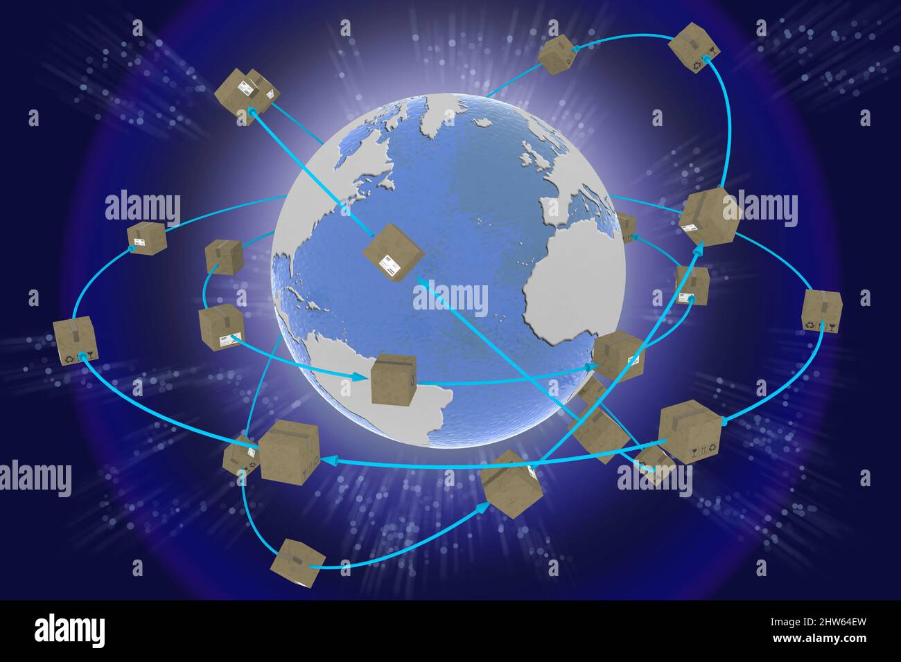 3D illustration. Shipping around the world. Parcels rotate around the ...