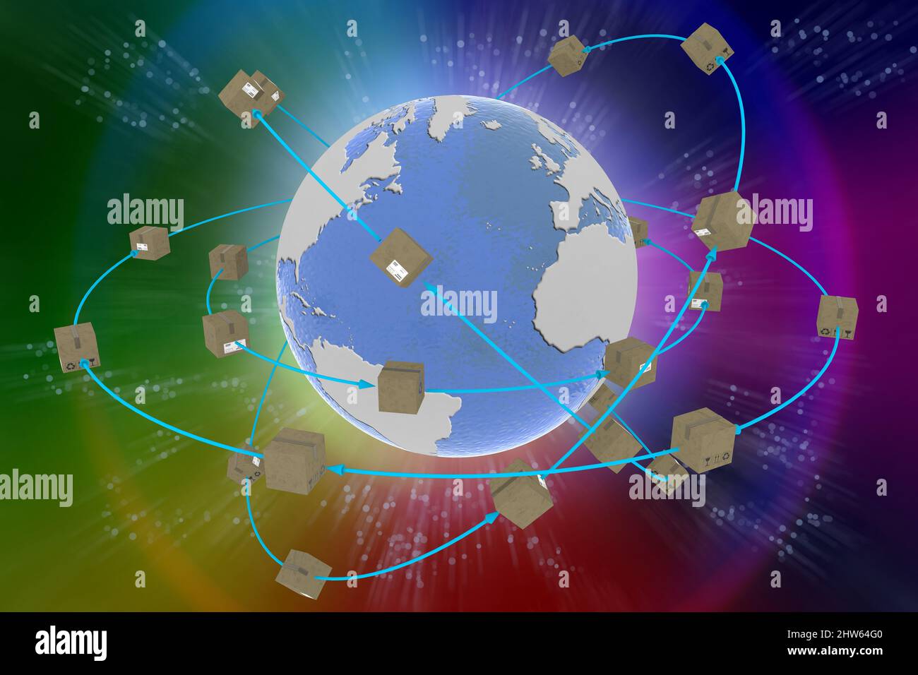 3D illustration. Shipping around the world. Parcels rotate around the ...