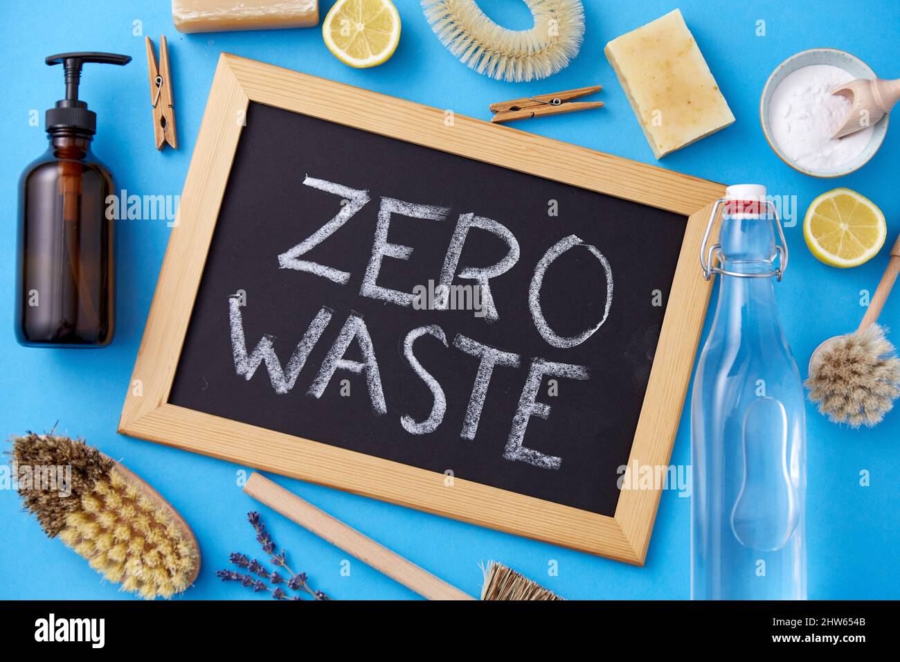 zero waste words on chalkboard and cleaning stuff Stock Photo - Alamy