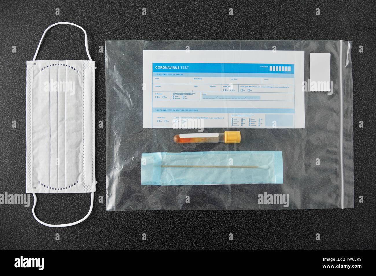 test tube, medical report, cotton swab and mask Stock Photo - Alamy