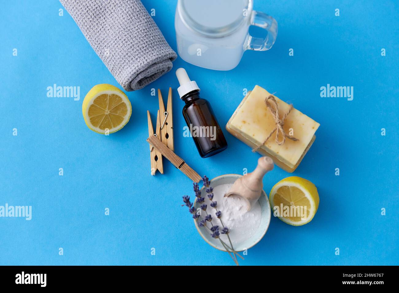 washing soda, soap, towel, dropper and clothespins Stock Photo - Alamy