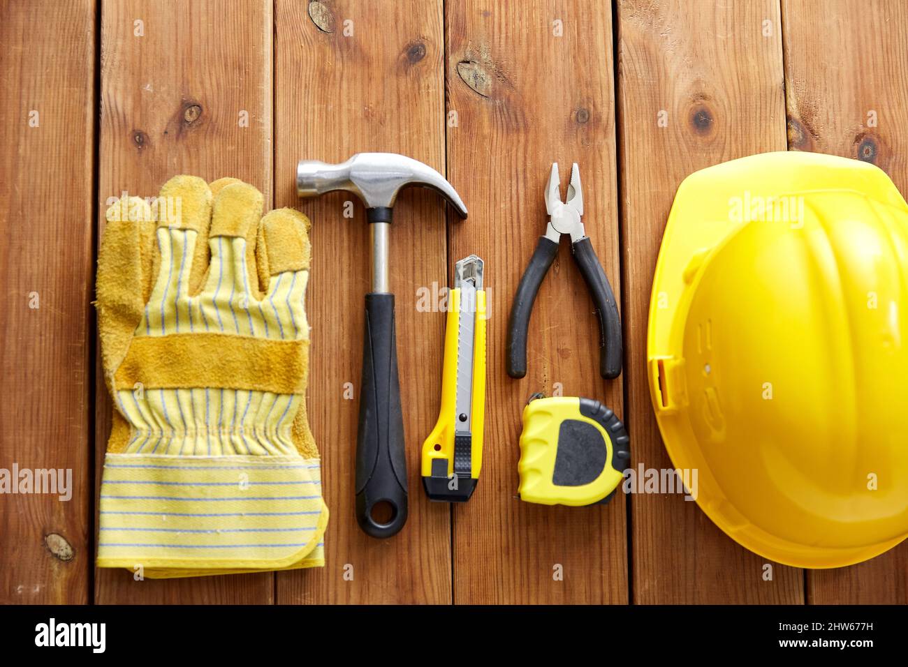 different work tools on wooden boards Stock Photo - Alamy