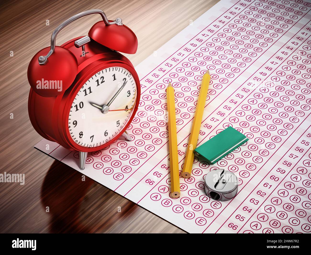 Optical test paper, alarm clock, eraser, pencil and sharpener. 3D ...
