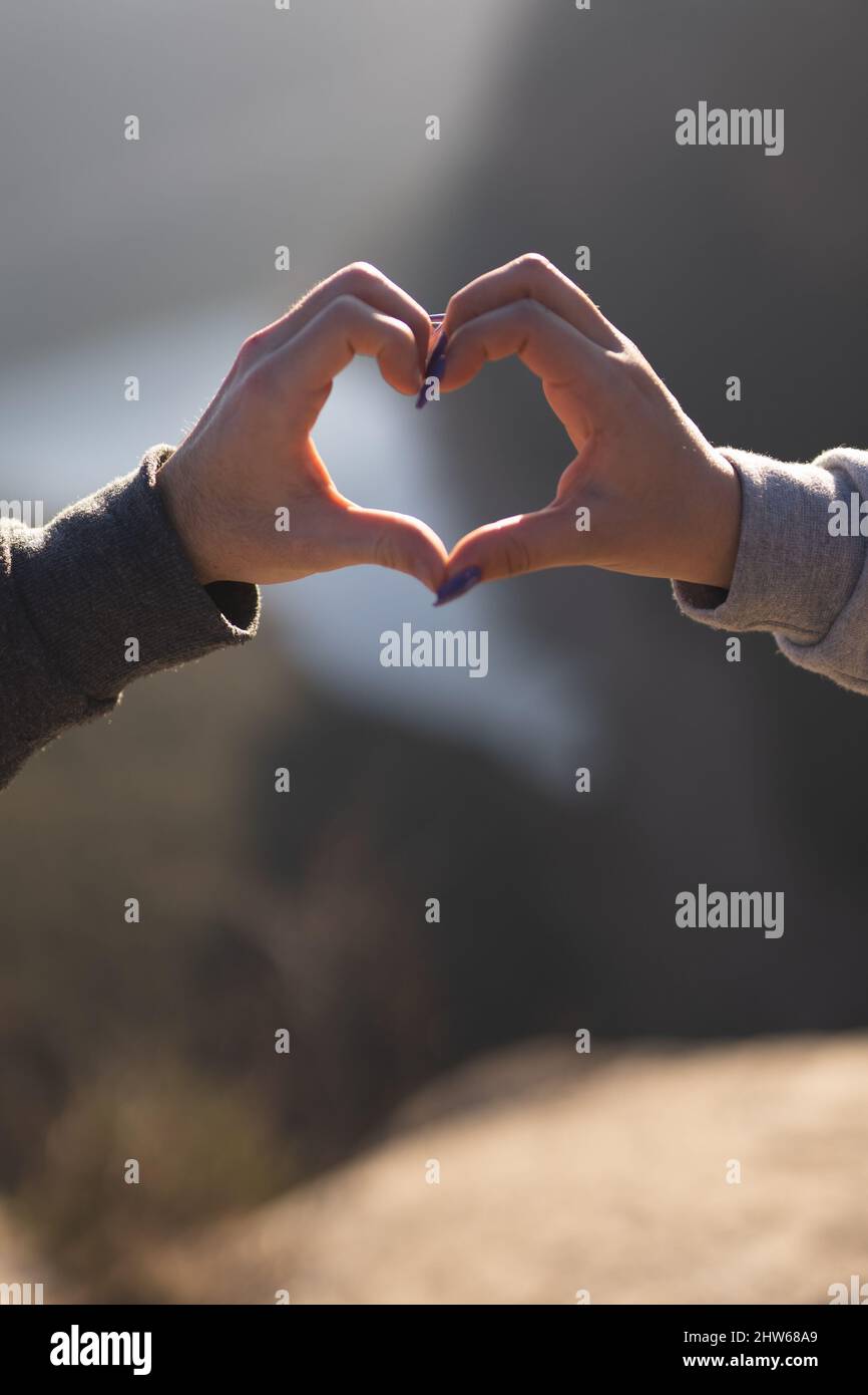Vertical shot of male and female hands forming a heart symbol in front ...