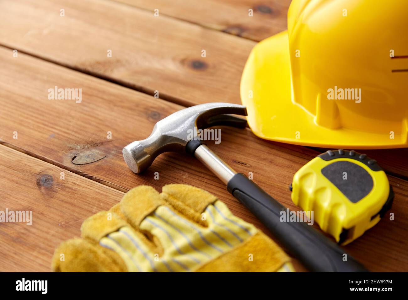 different work tools on wooden boards Stock Photo - Alamy