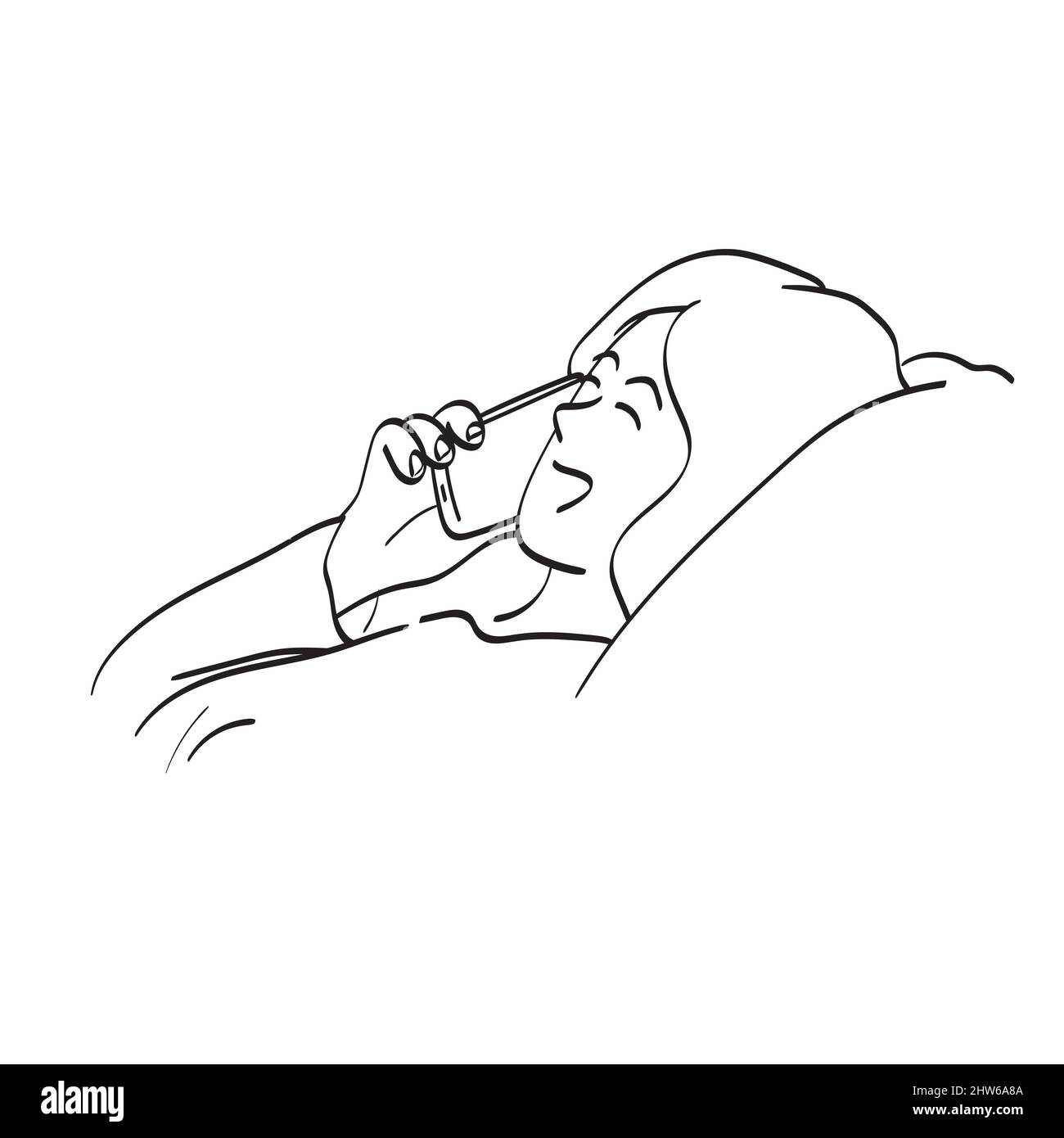 line art closeup woman using smartphone on bed illustration vector hand ...