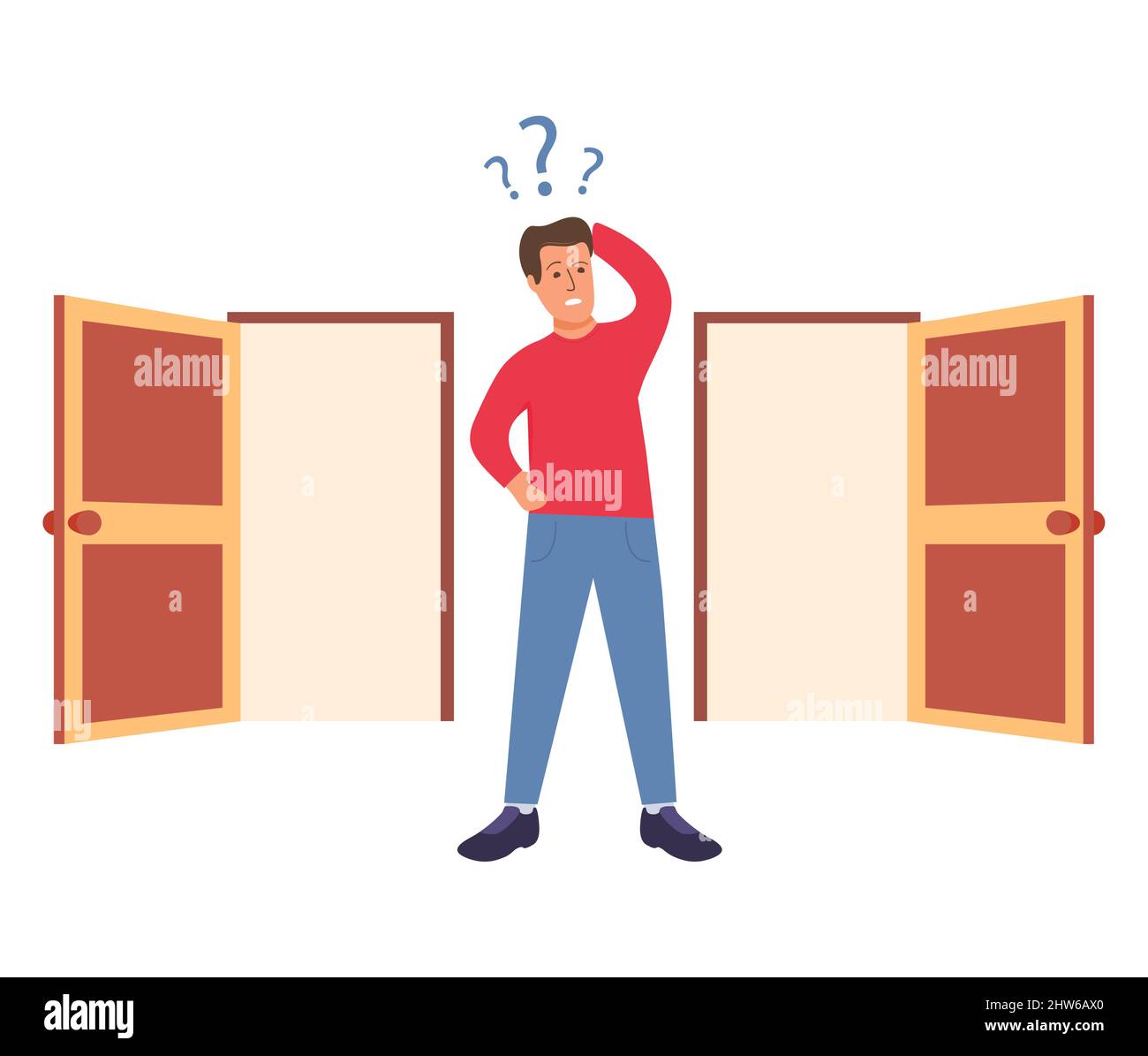 Two entrance choice. Guy question mark choosing between two doors Stock ...