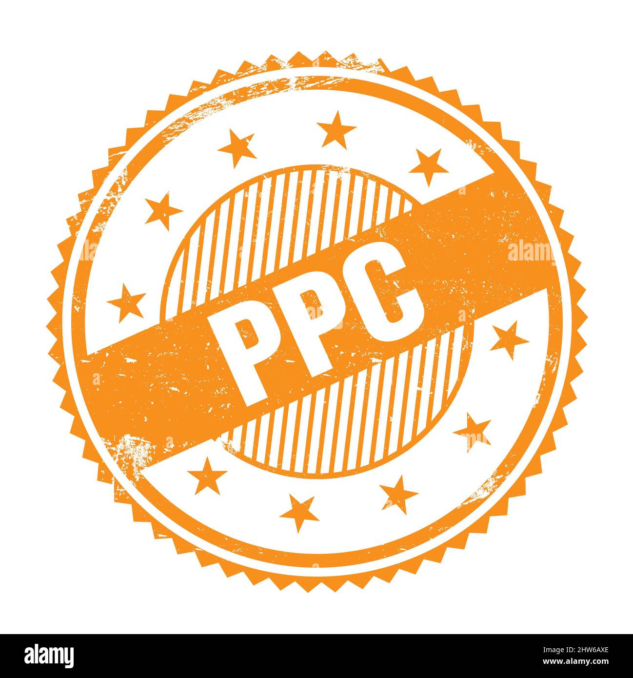 PPC text written on orange grungy zig zag borders round stamp Stock ...