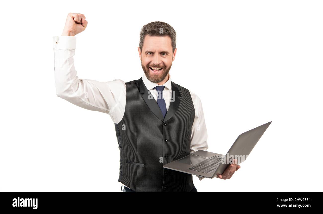 happy businessman working on pc isolated on white background ...