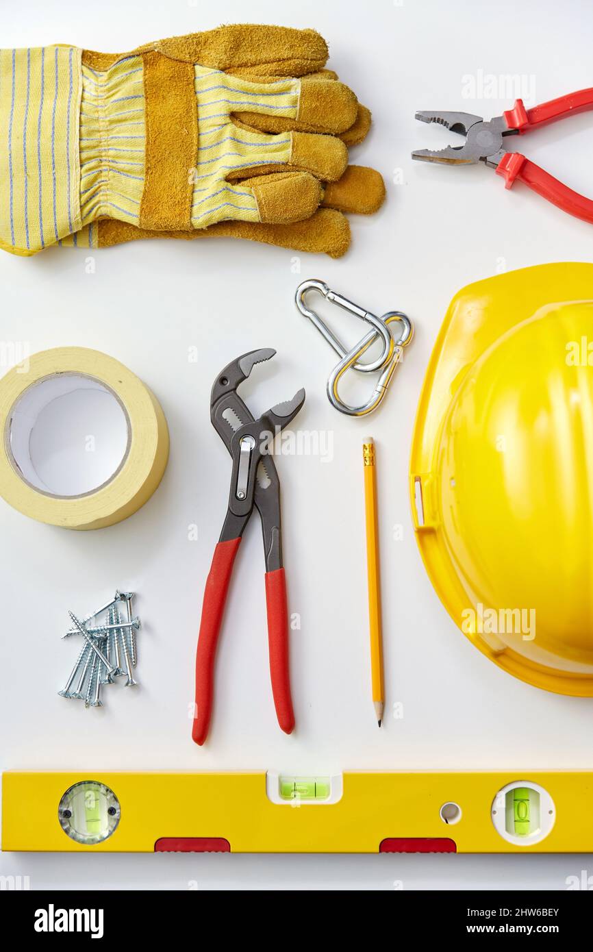 different work tools on white background Stock Photo - Alamy