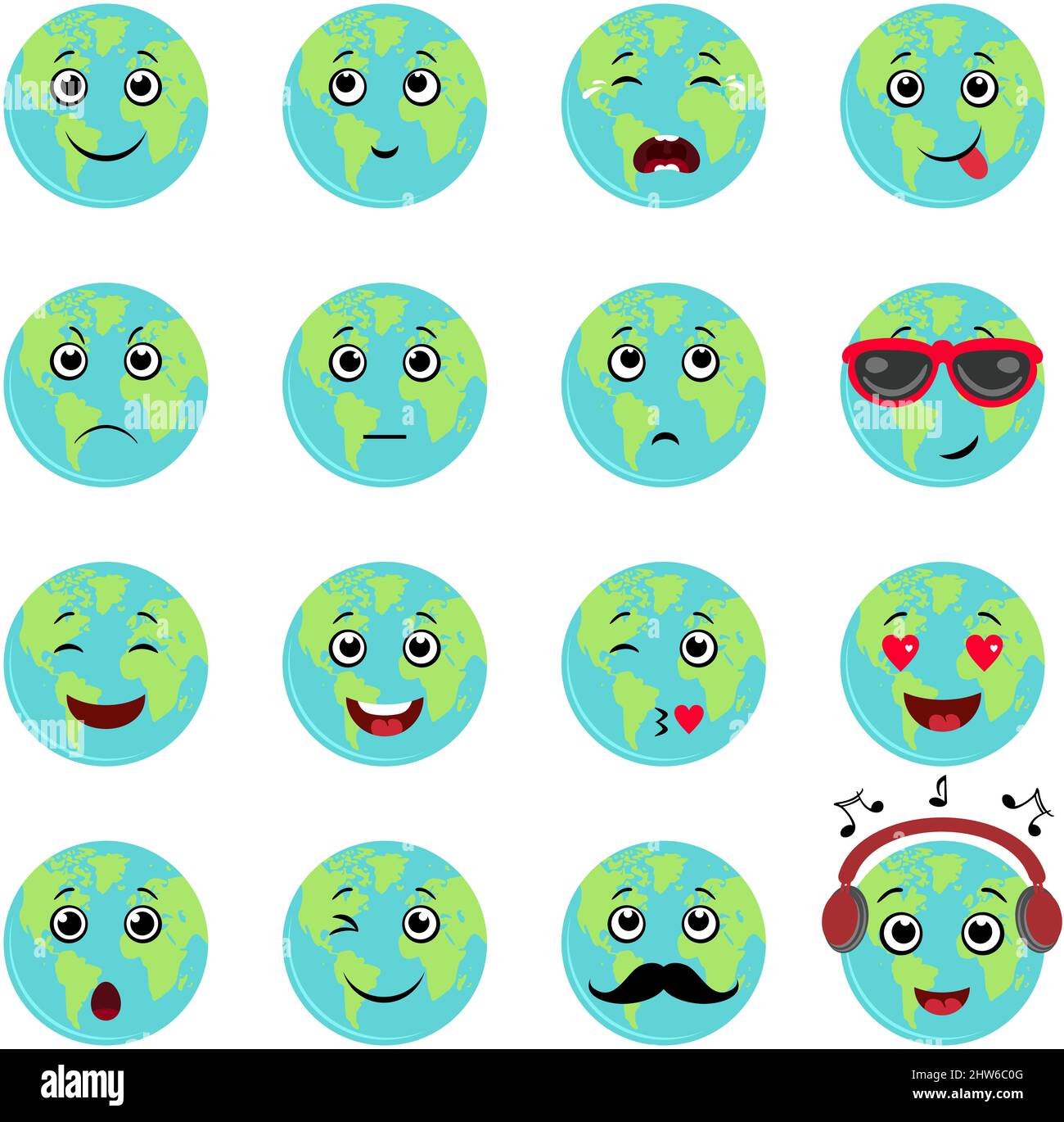 Cute set of planet earth with different emotions and expressions Stock ...