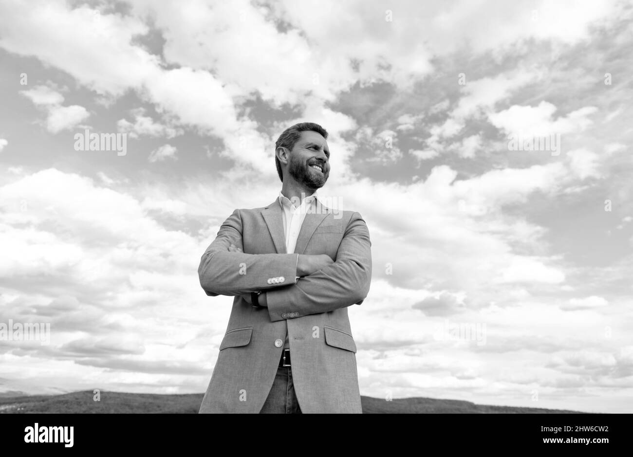 professional unshaven ceo. man bride groom on sky background Stock ...