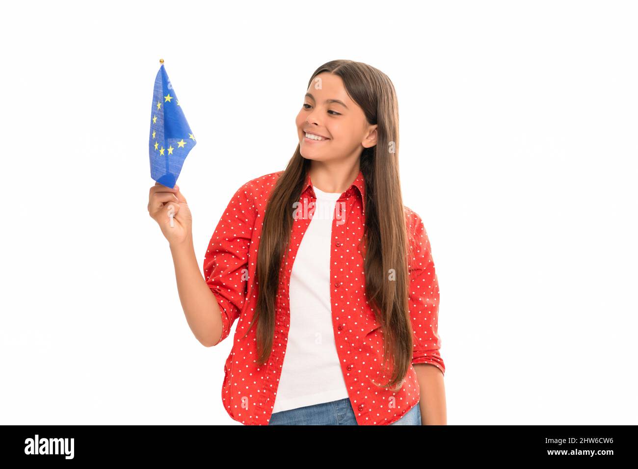 happy kid hold european union flag isolated on white, travel Stock ...