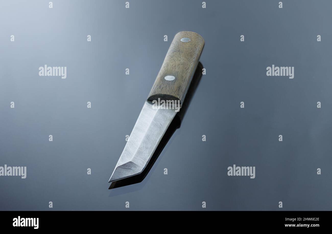 Japanese-style all-metal knife on a mirrored surface, handmade, damask ...