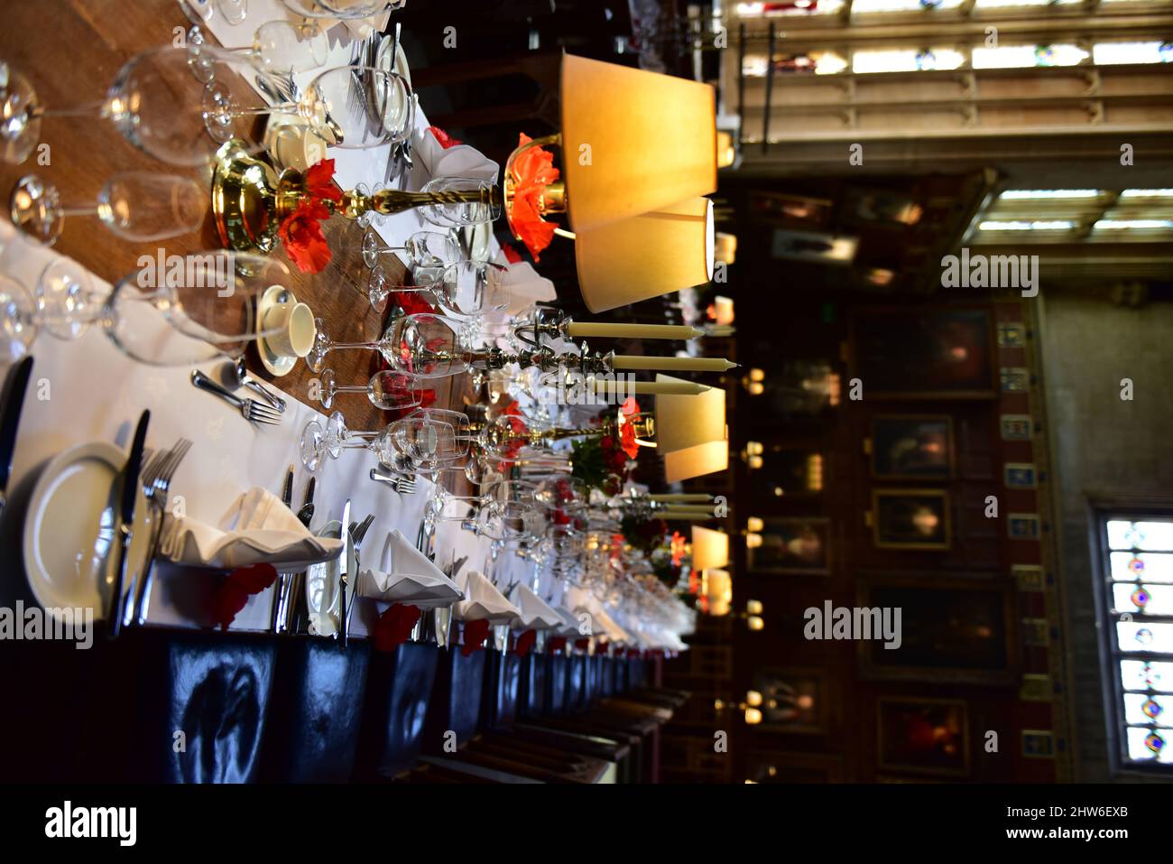 Vertical shot of the Great Hall table of Christ Church in the Oxford ...