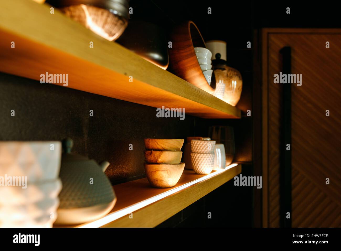 Closeup shot wooden shelves hi-res stock photography and images - Alamy