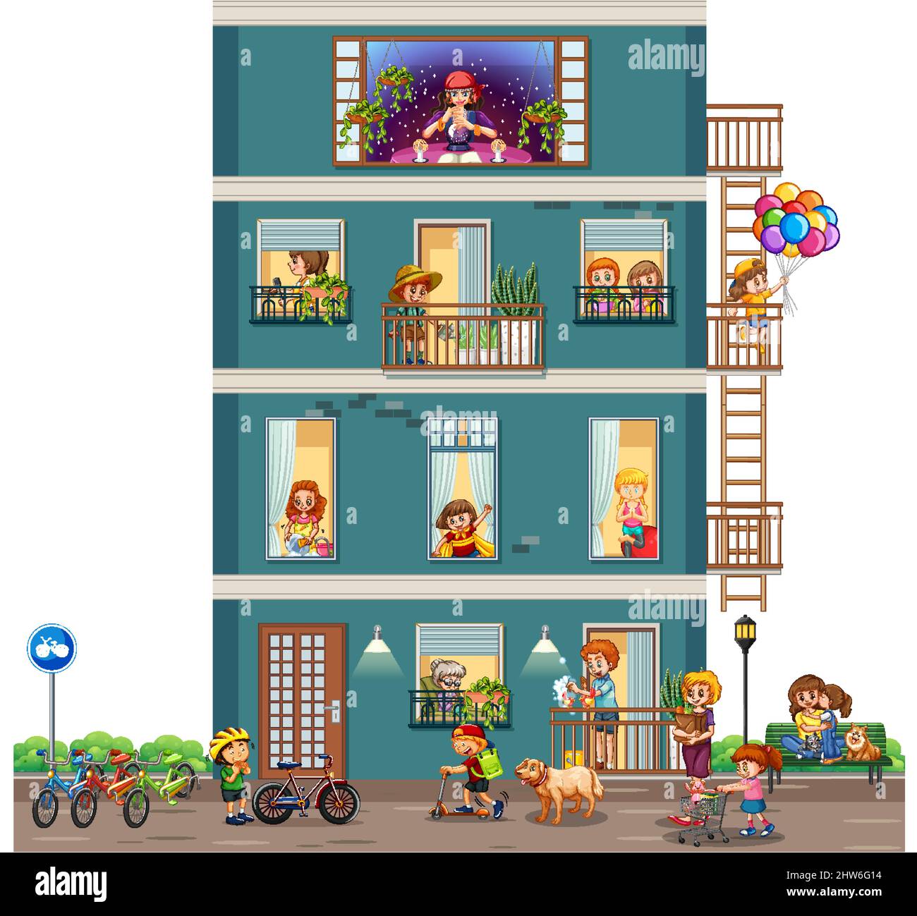 Apartment windows with neighbors cartoon character illustration Stock ...