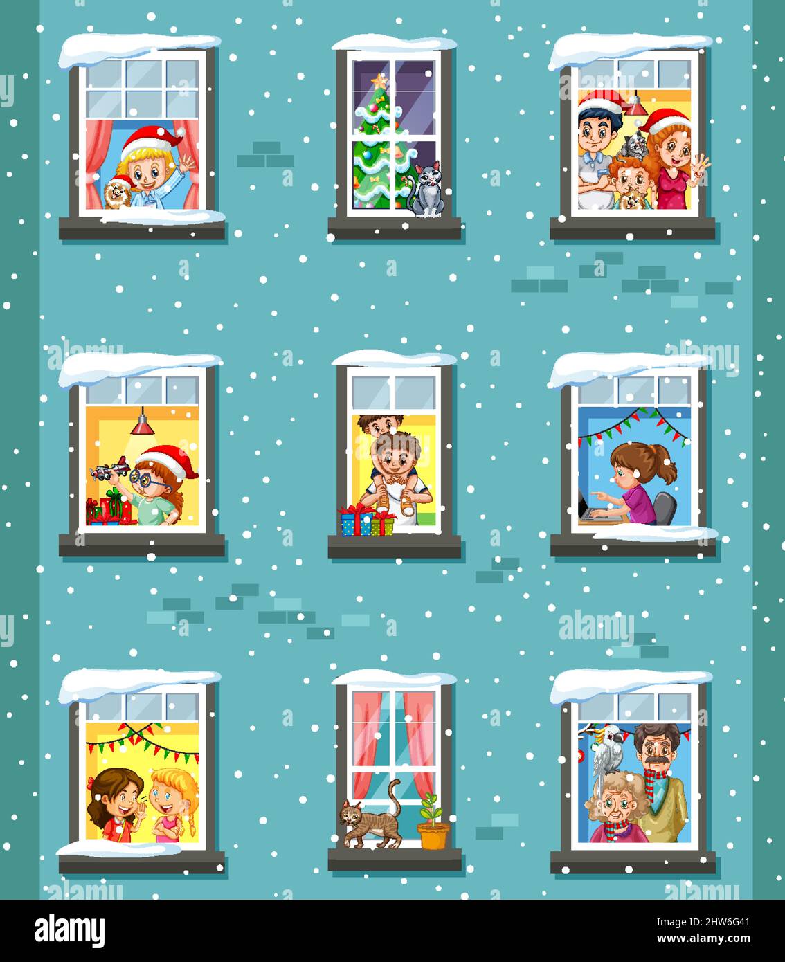 Apartment windows with neighbors cartoon character illustration Stock ...