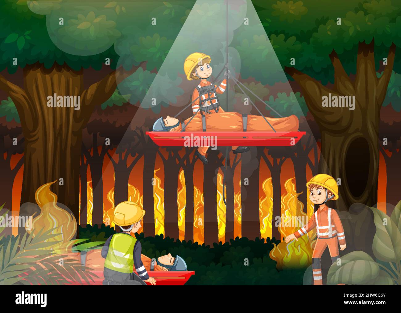 Wildfire scene with firerman rescue in cartoon style illustration Stock ...
