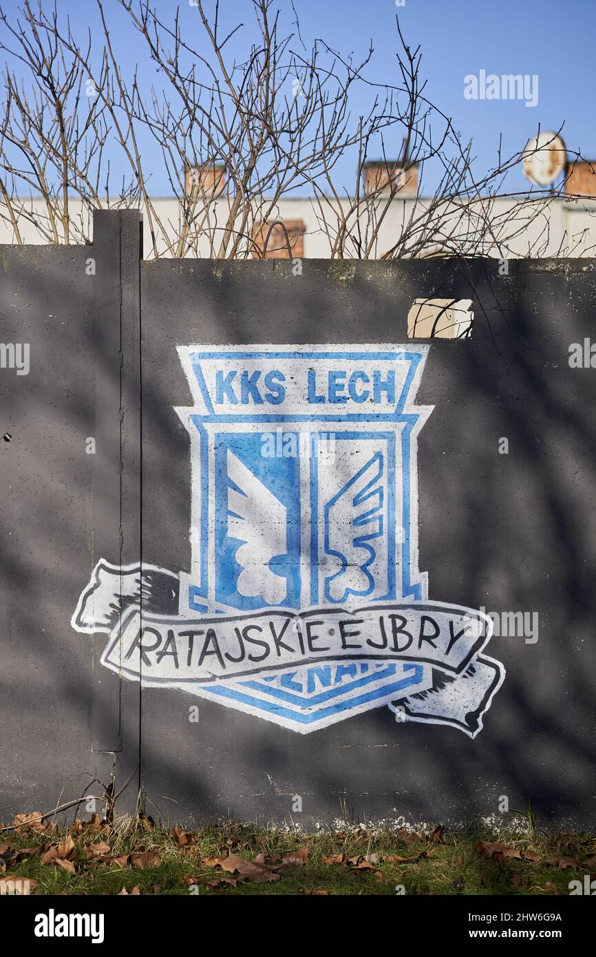 Vertical shot of KKS Lech Poznan football club logo drawing on a wall ...