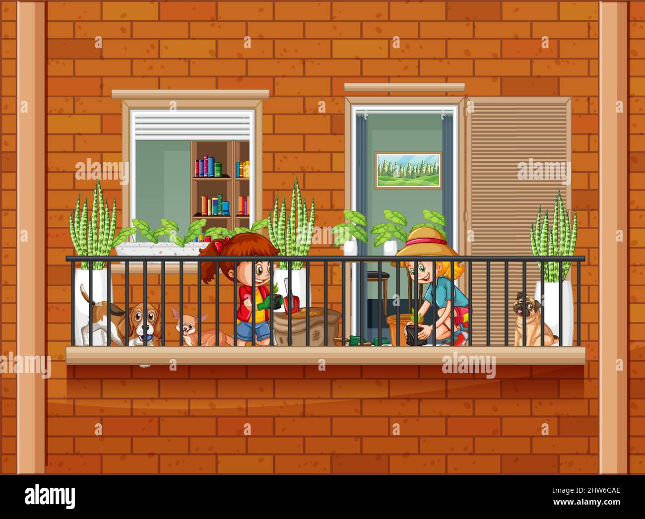 Balcony scene with children cartoon character illustration Stock Vector ...