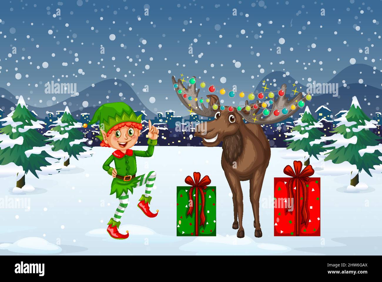 Snowy night scene with Christmas cartoon characters illustration Stock ...