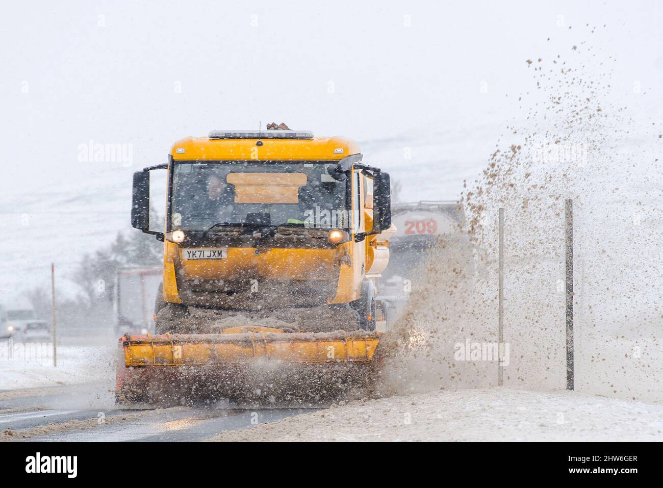 A gritter is seen on the A9 as parts of Scotland are under a yellow Met ...