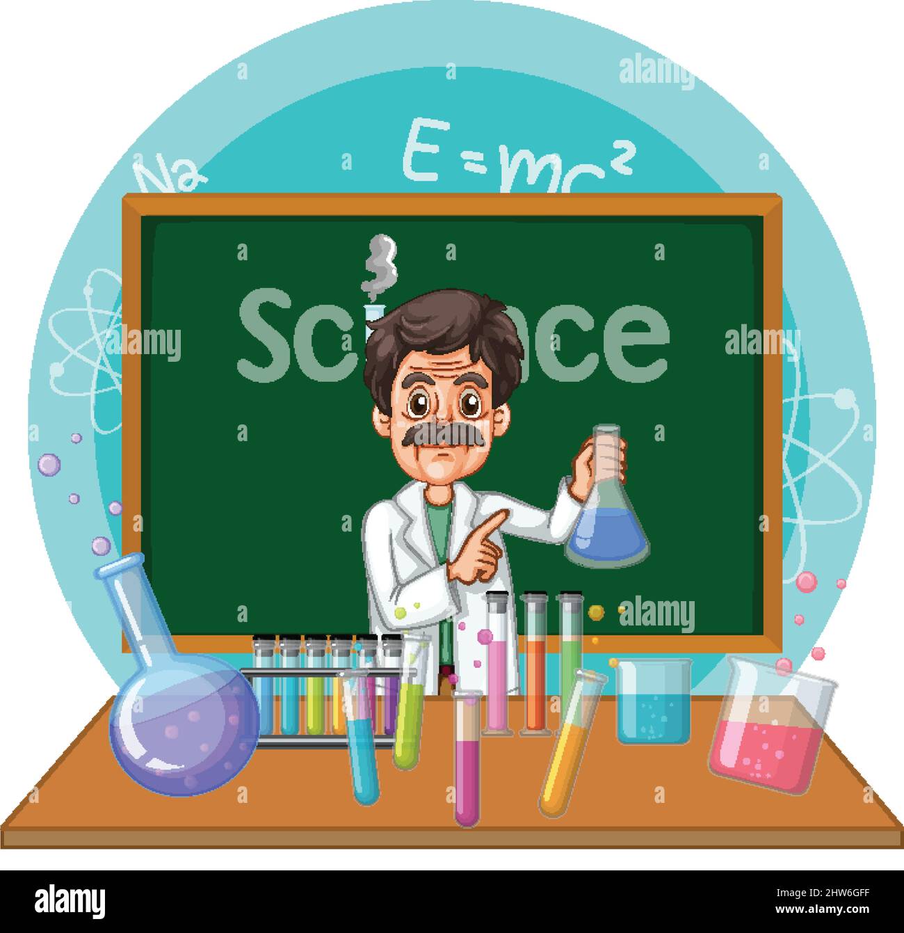 Scientist man cartoon character with laboratory equipments illustration ...