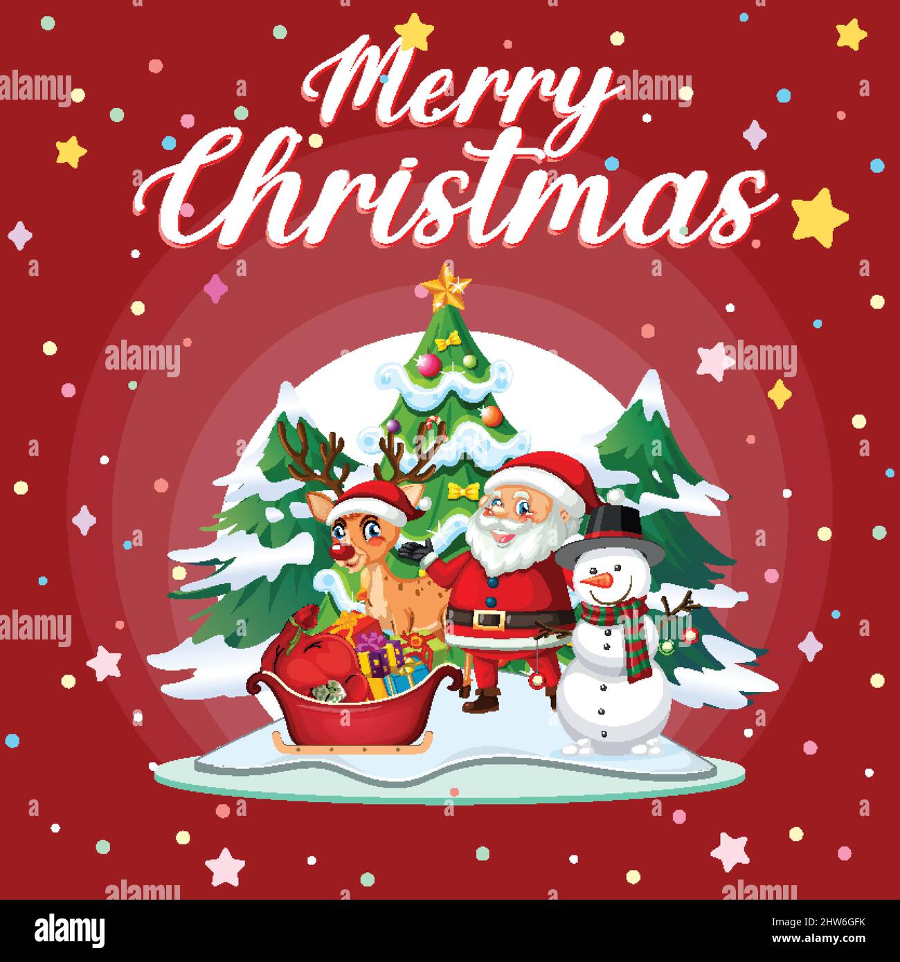 Merry Christmas poster design with Santa Claus and friends illustration ...