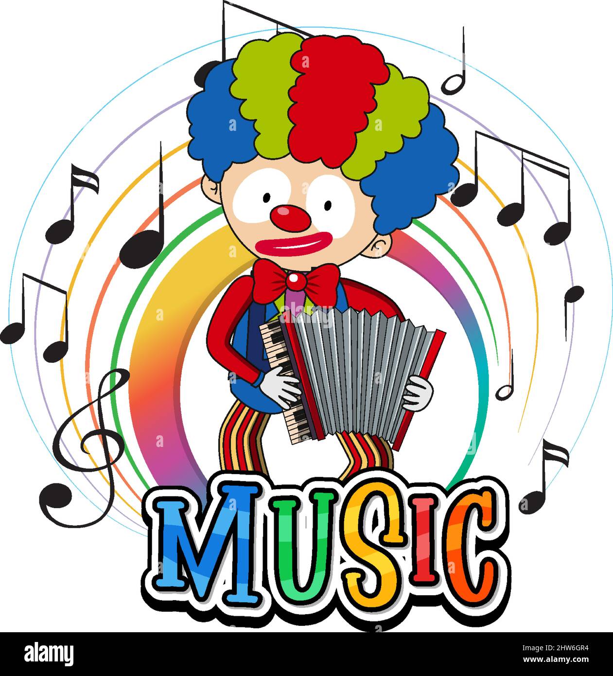 Clown playing accrodion with music notes on white background ...