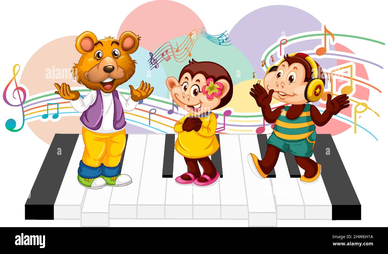 Cute animal sing a song with music notes on piano illustration Stock ...