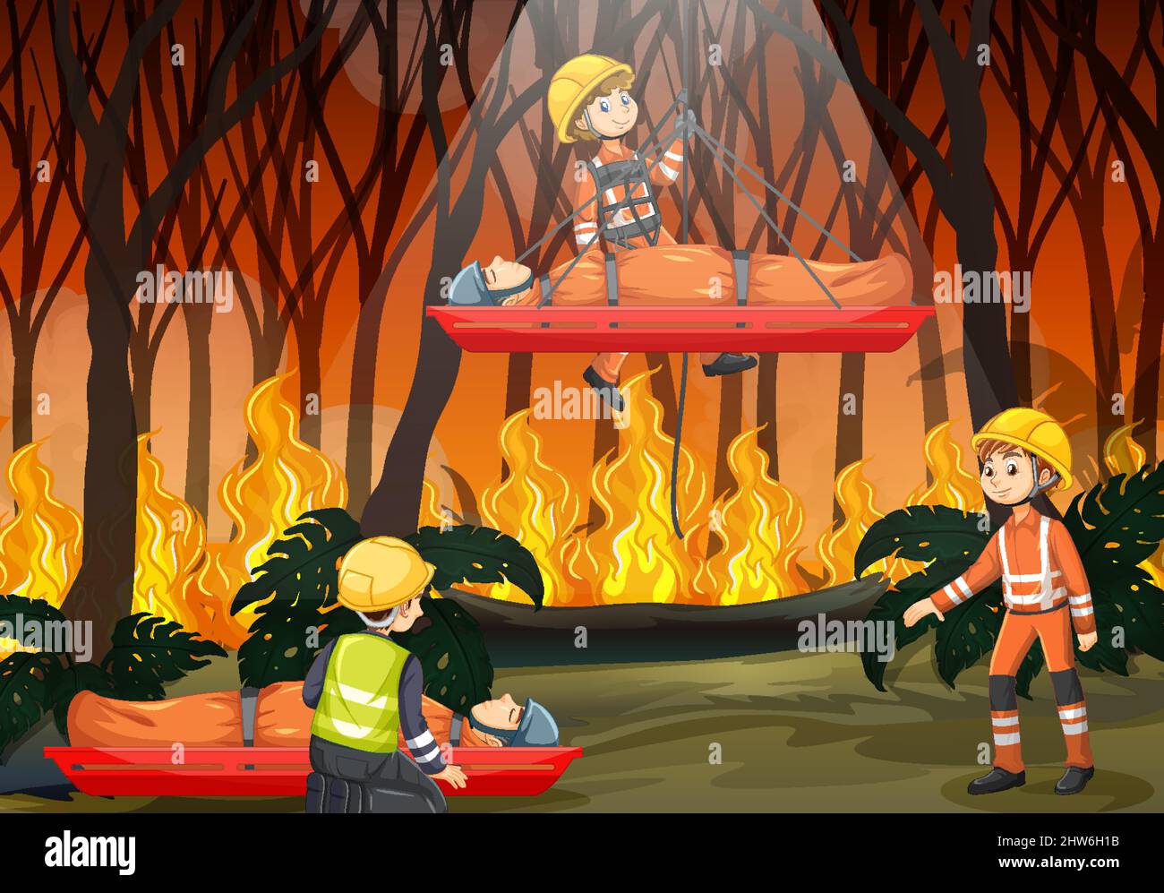 Wildfire scene with firerman rescue in cartoon style illustration Stock ...