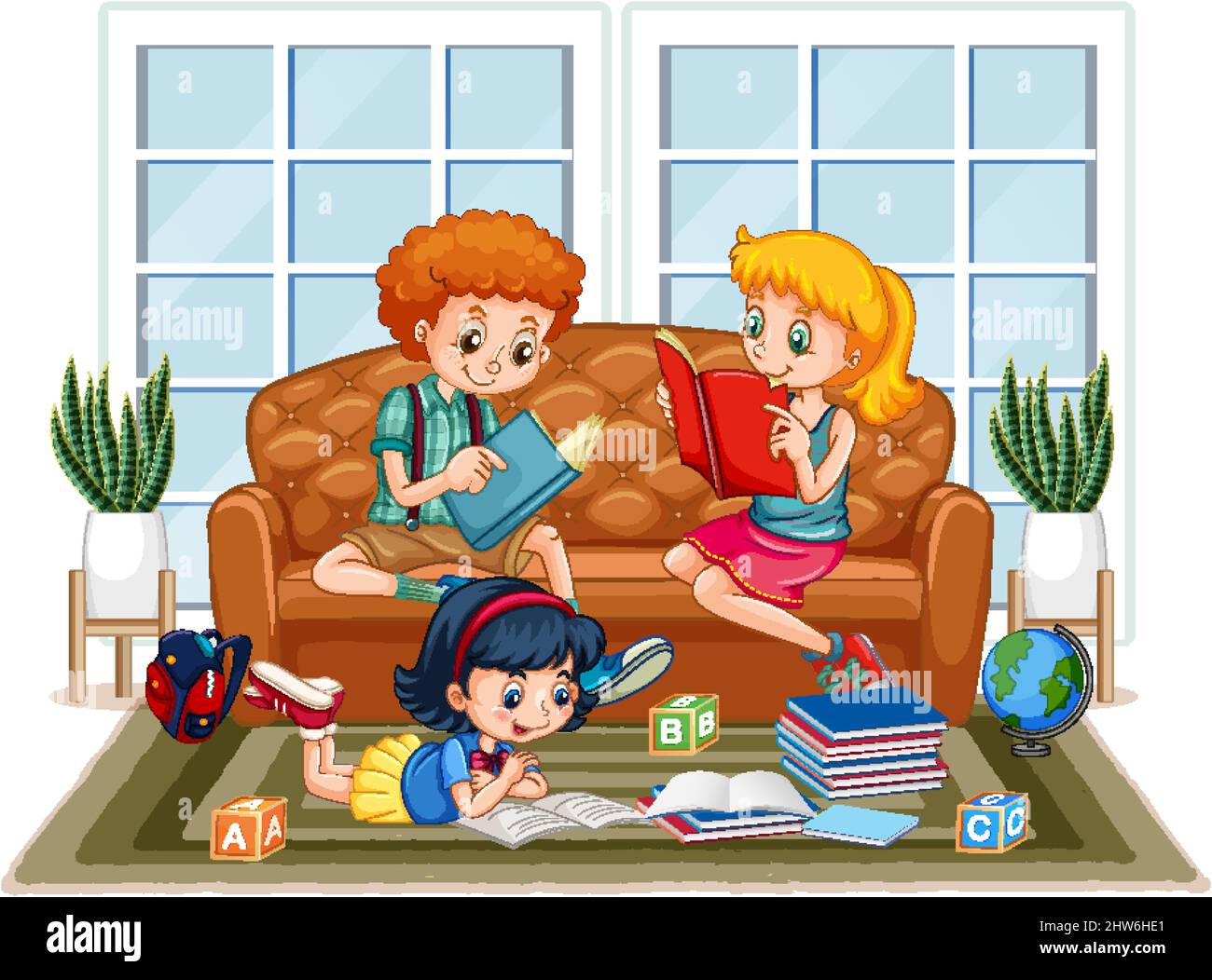 Children reading books at home illustration Stock Vector Image & Art ...