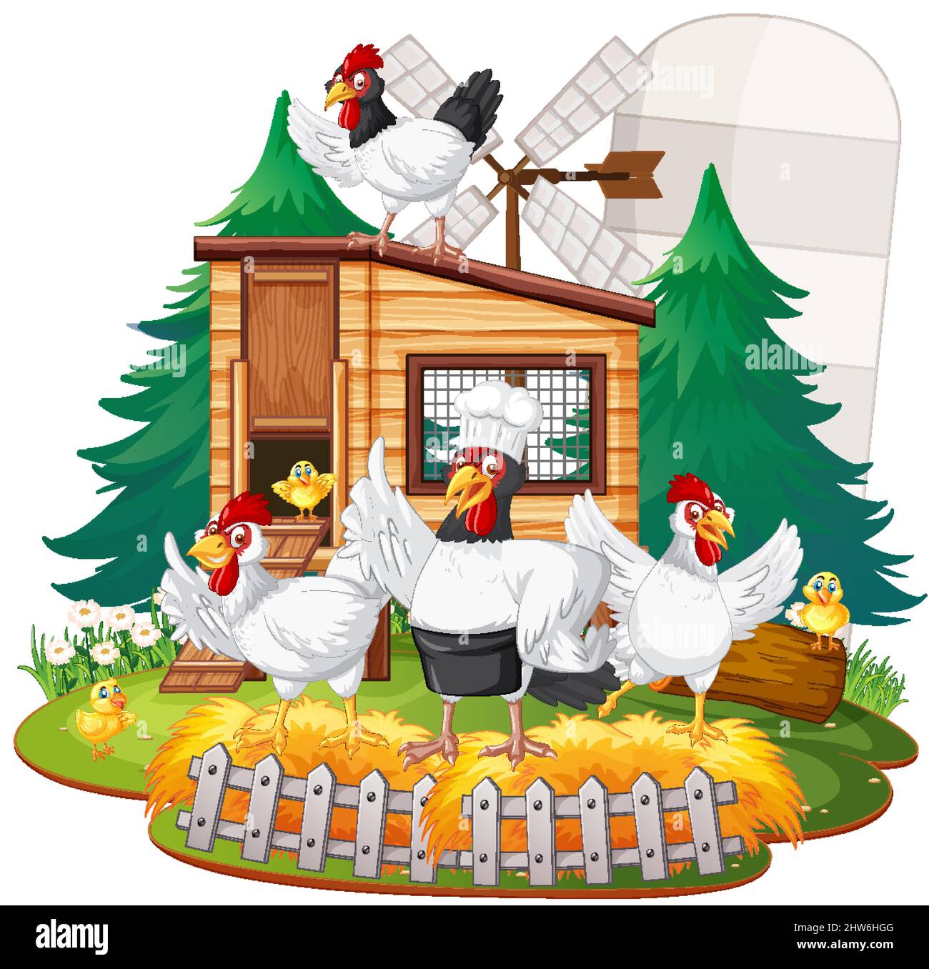 An isolated scene with a group of chickens in cartoon style ...