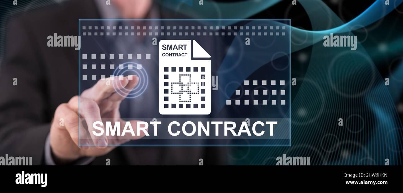 Man touching a smart contract concept on a touch screen with his finger ...