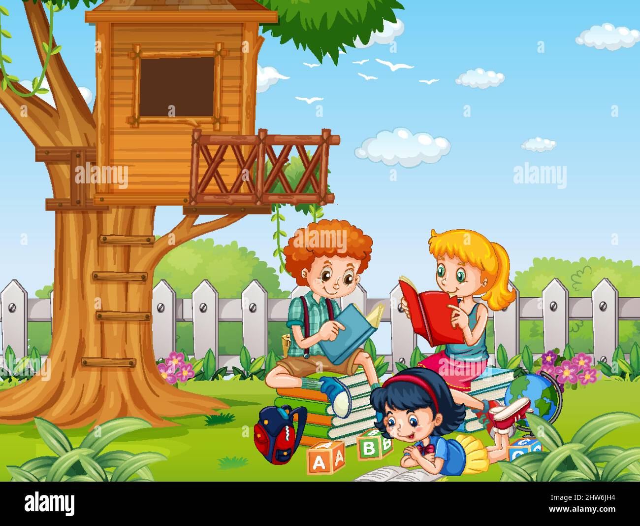 Children reading books in park background illustration Stock Vector ...