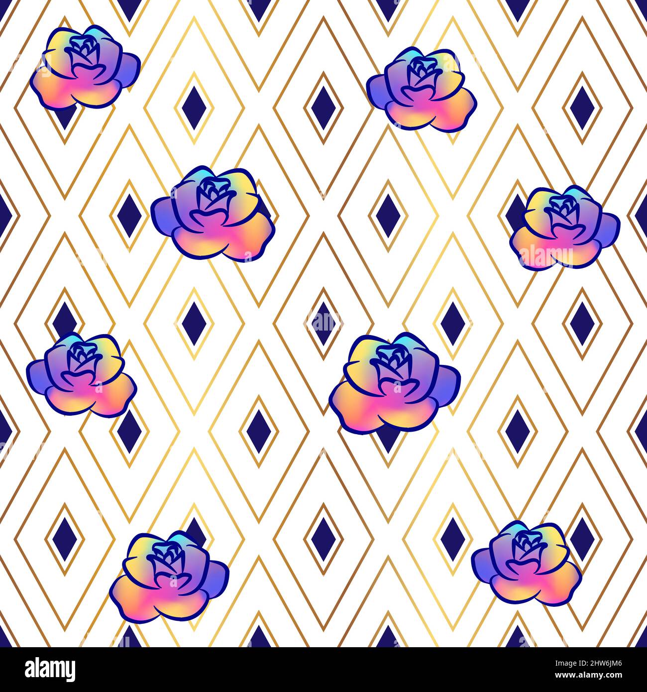 Geometric Rose Flower Seamless Pattern in Rainbow or Multi Color Stock ...