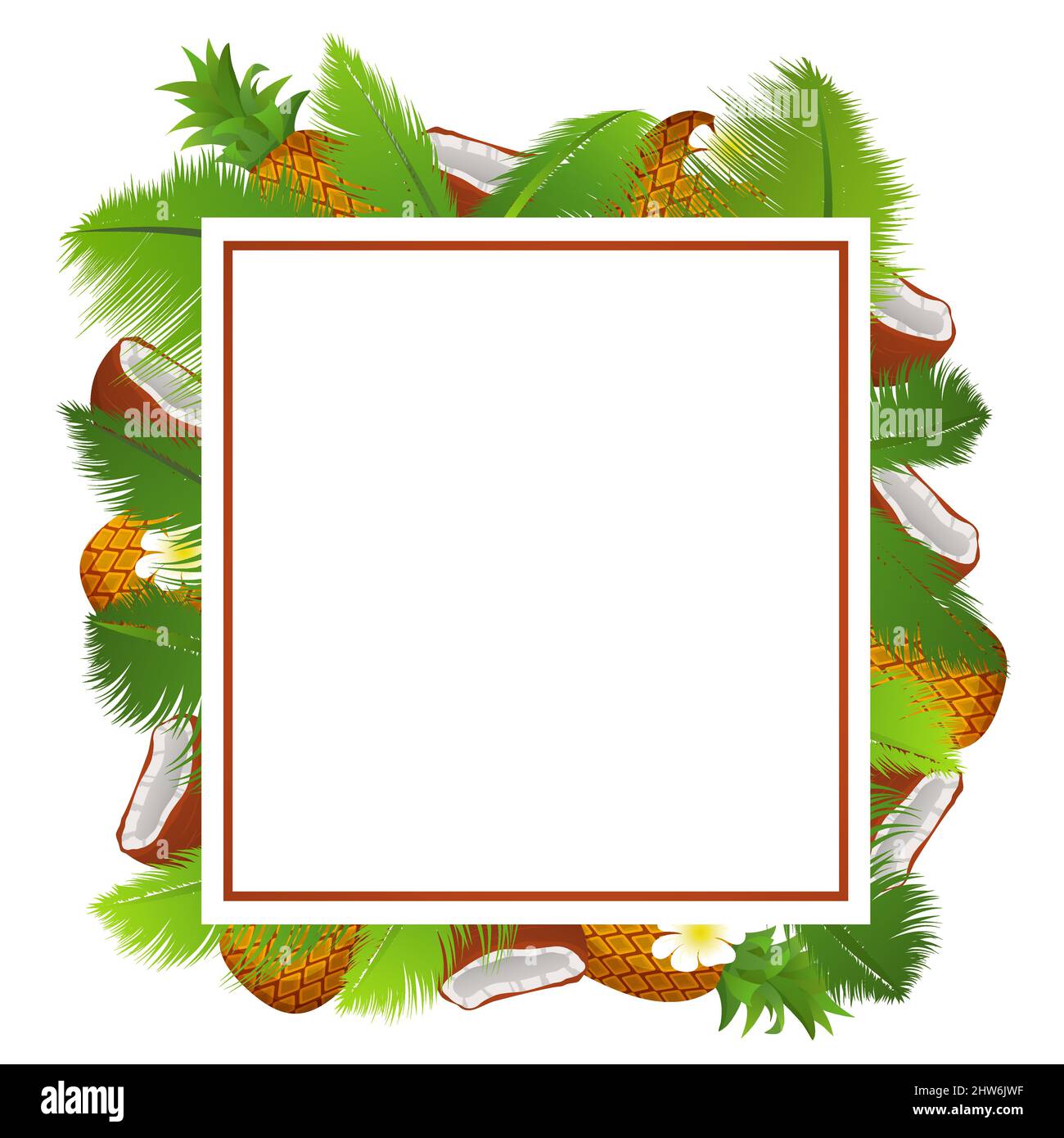 Tropical template of a frame for a banner with palm leaves and coconuts ...