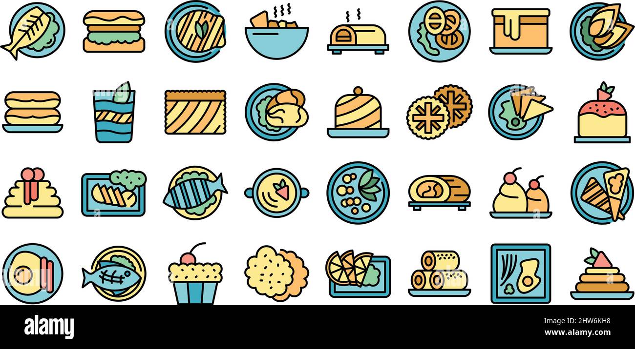 Australian cuisine icons set outline vector. Cake breakfast. Dish fish ...