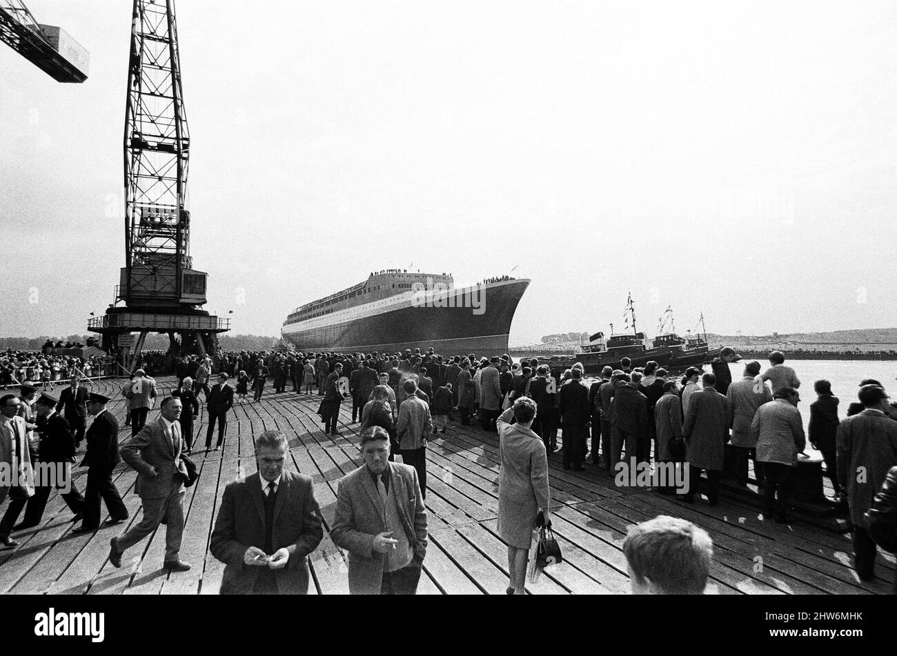 Queen Elizabeth II launching the Cunard Cruise Liner, The QE2 in the ...