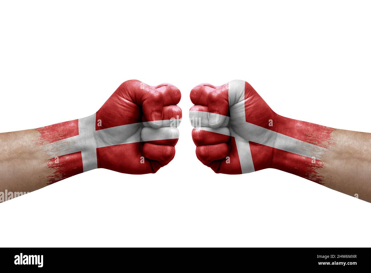 Two hands punch to each others on white background. Country flags ...