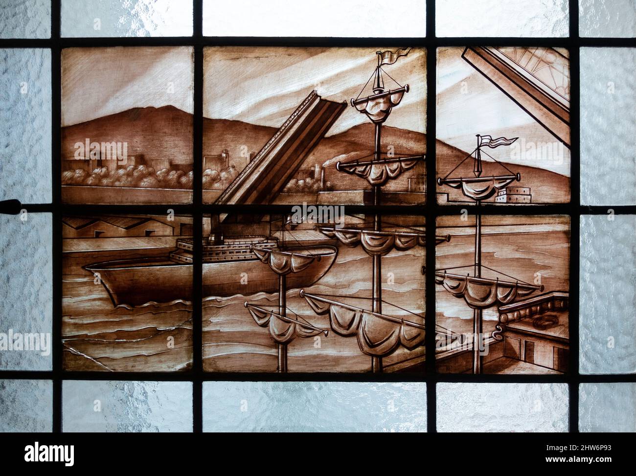 Old stained glass window pictures of the industrial docks that were ...
