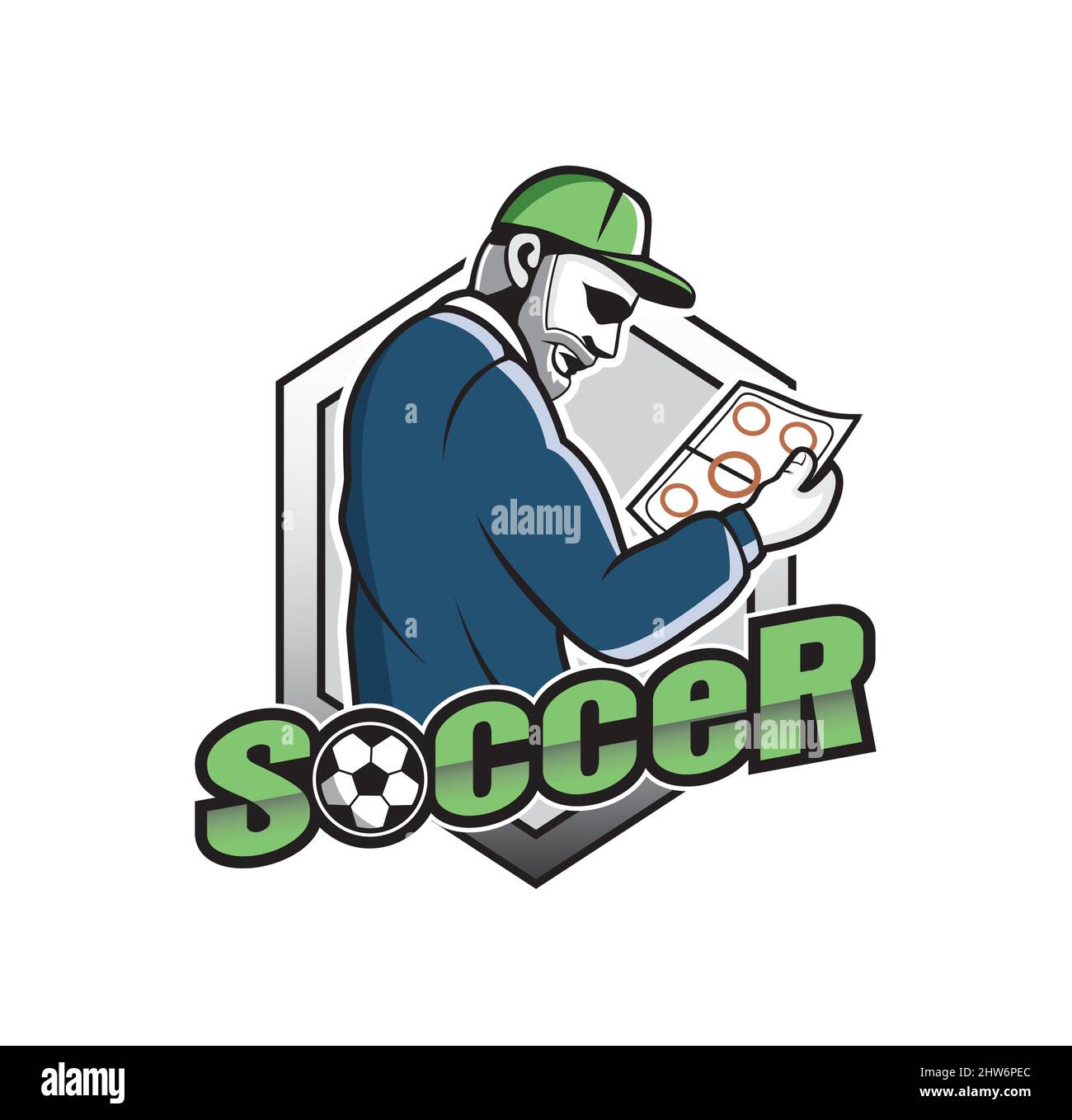 Soccer team logo with manager character design illustration vector eps ...