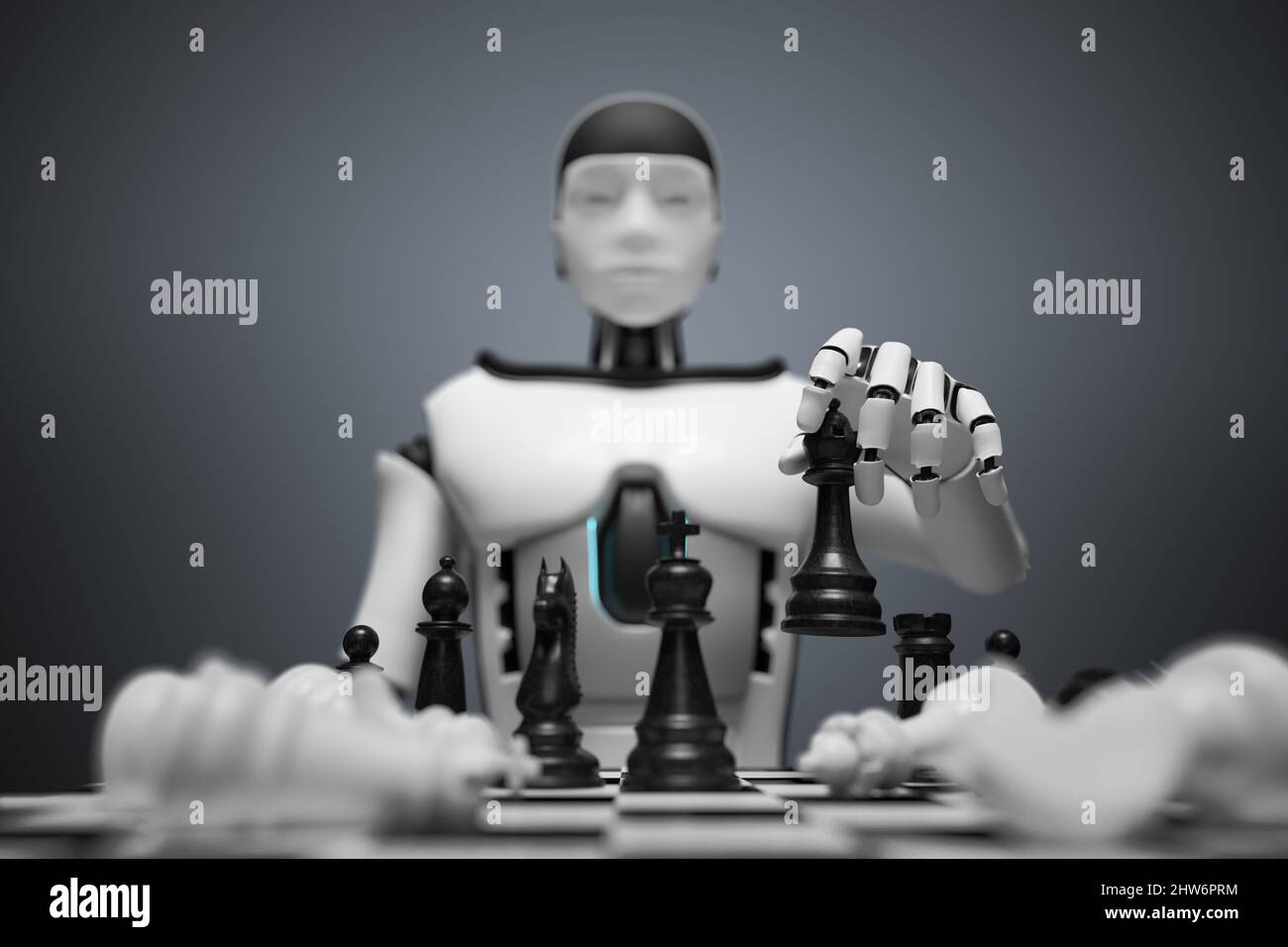 Humanoid robot is playing chess. Artificial intelligence concept. 3D ...