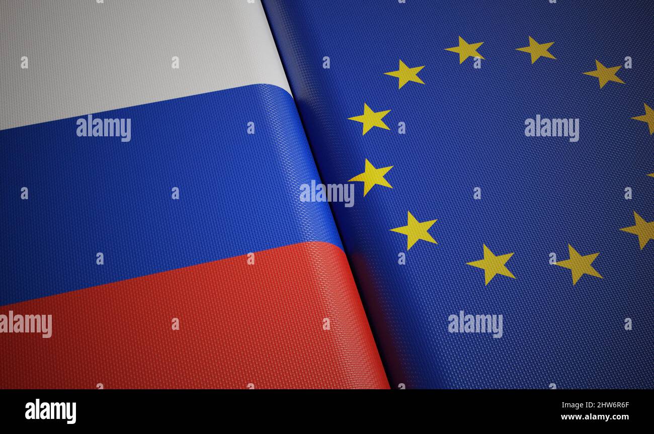 Russia and European Union flags. 3D rendered illustration Stock Photo ...
