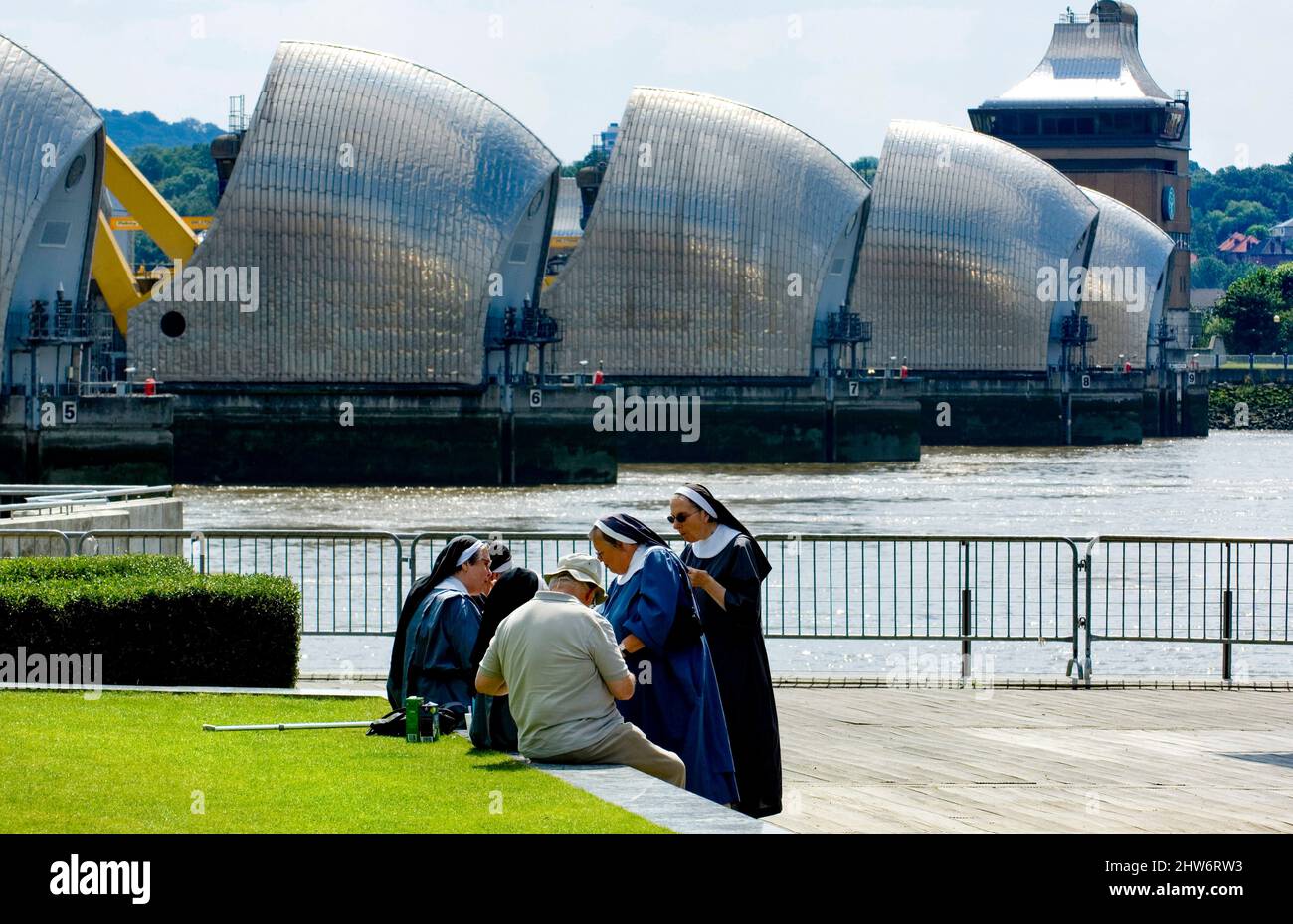 Nuns take a picnic by the Thames barrier, London, England, UK Stock ...