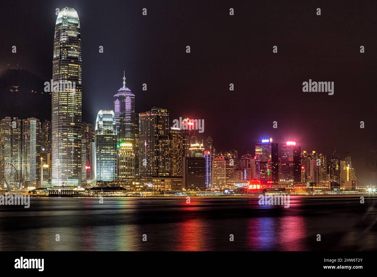 Long exposure photograph of skyscrapers at night in Hong Kong Stock ...