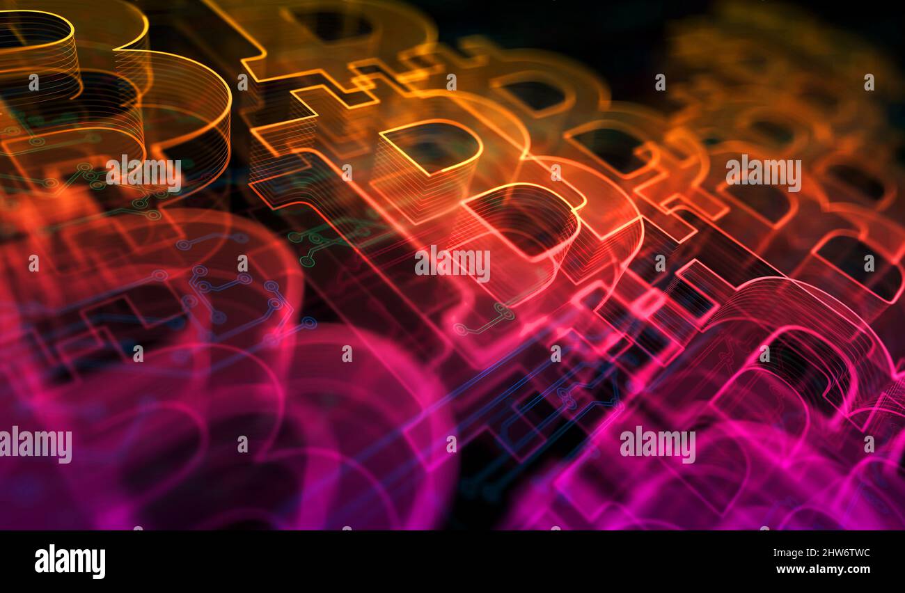 Bitcoin blockchain crypto currency and digital money symbol digital concept. Network, cyber ...