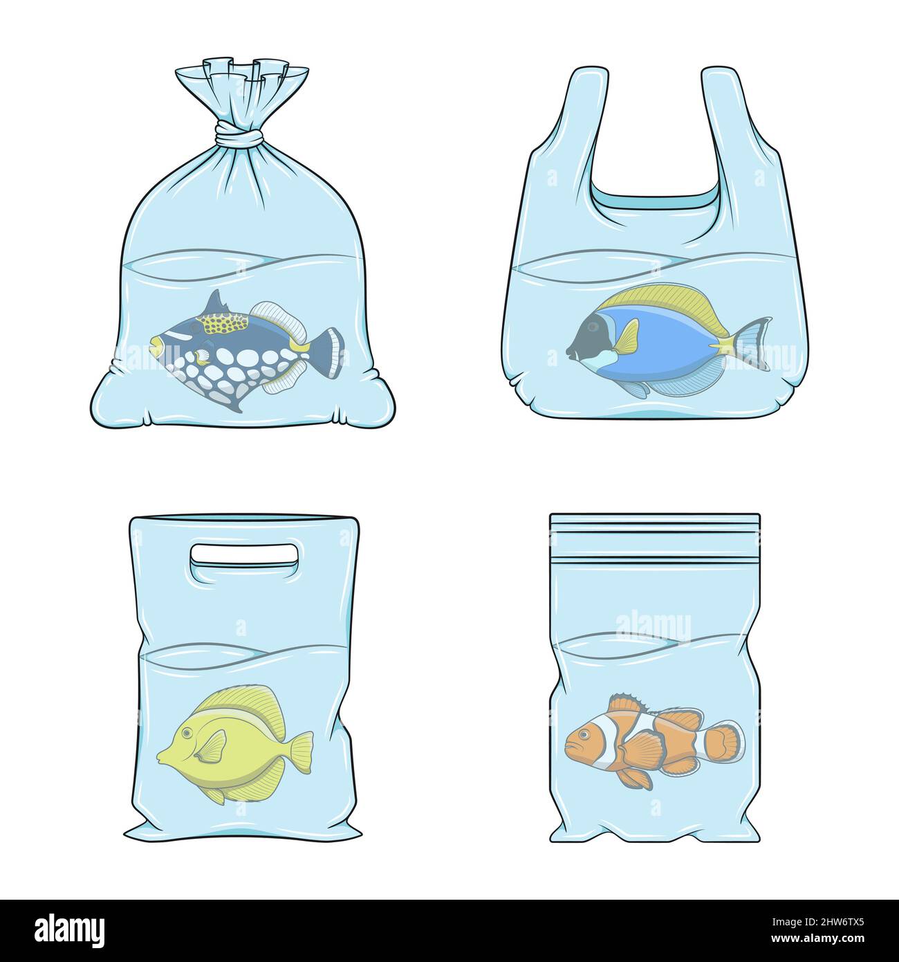Set of illustrations with fish in plastic bags. Isolated vector objects ...